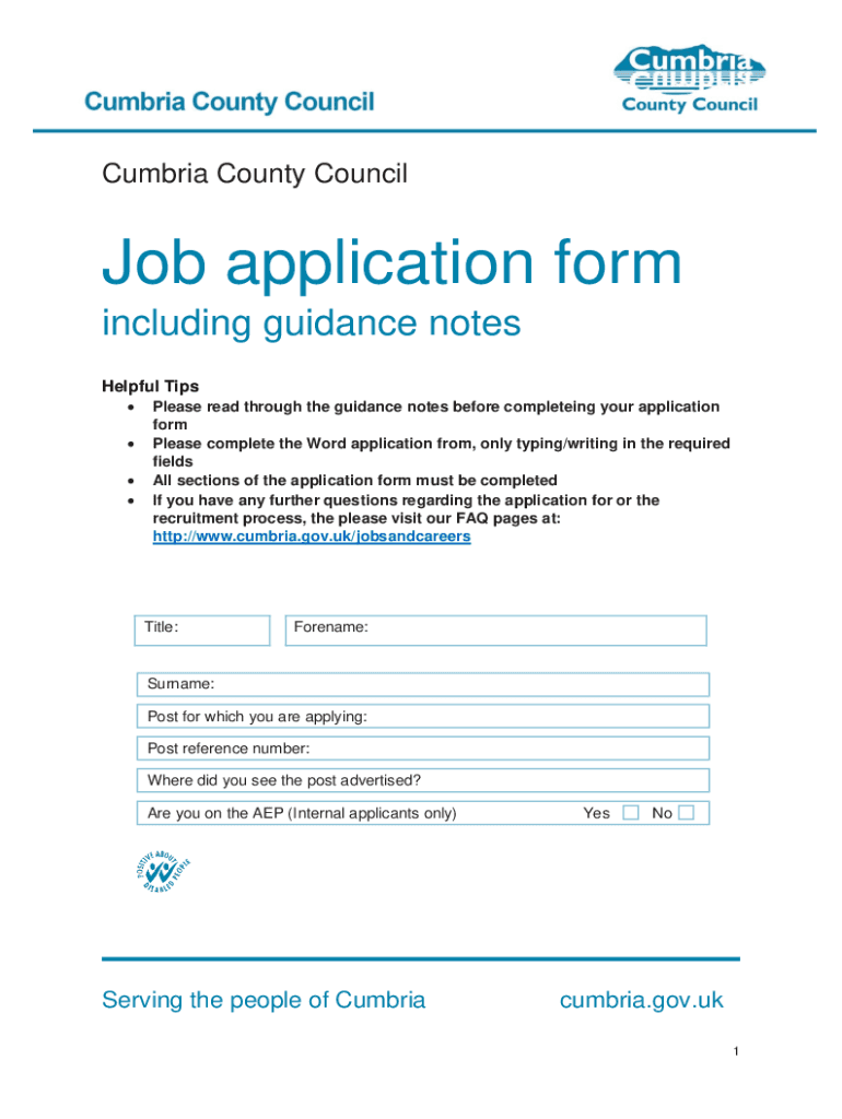 Fillable Online CCC Job Application Form - Cumbria County CouncilApply ...