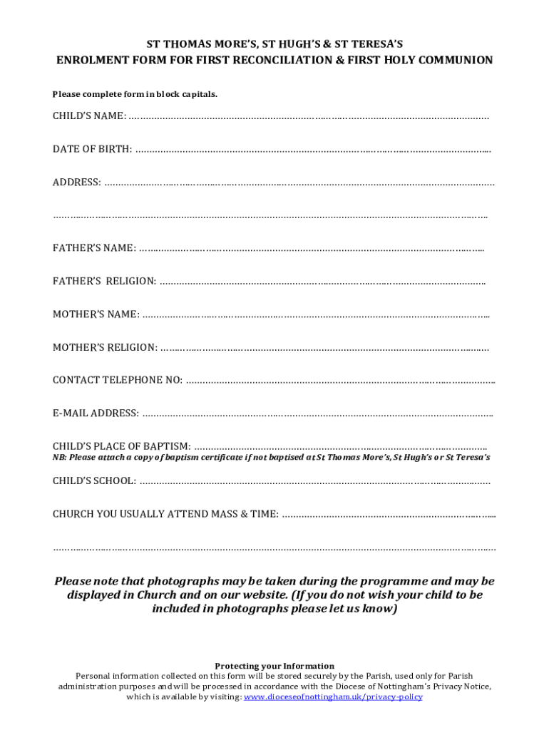 Fillable Online First Holy Communion Enrolment Form first page.pdf Fax ...