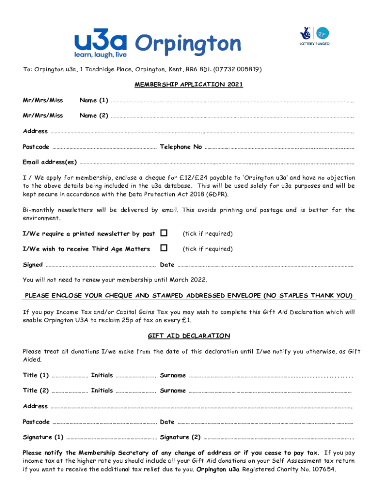 Fillable Online Orpington U3A Membership Renewal Form - u3aorpington ...