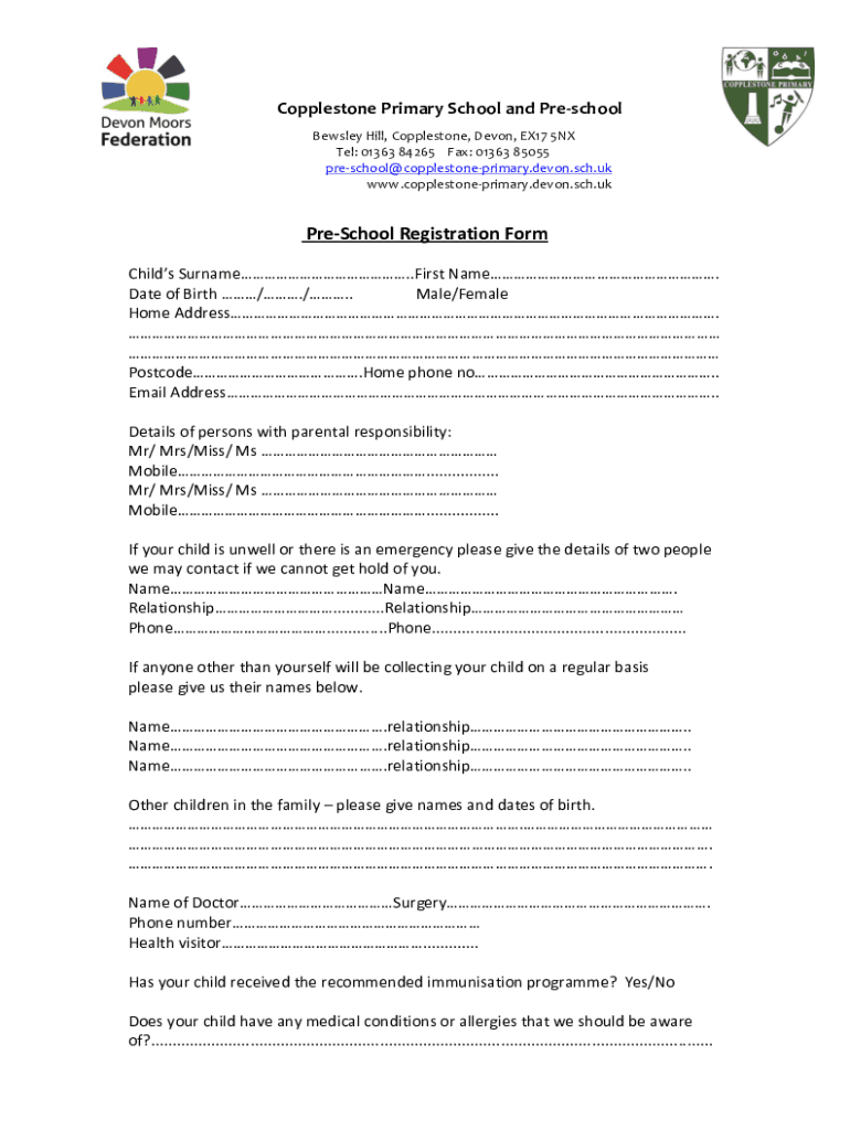 Fillable Online Pre-School Registration Form - copplestone-primary ...