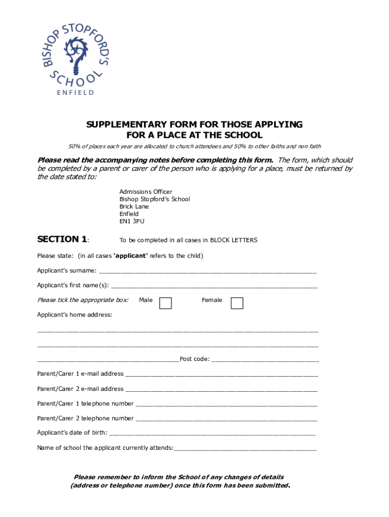 Fillable Online SUPPLEMENTARY FORM FOR THOSE APPLYING - Bishop Stopford ...