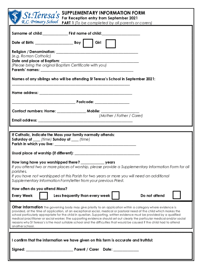 Fillable Online For Reception entry from September 2021 PART 1 (To be ...