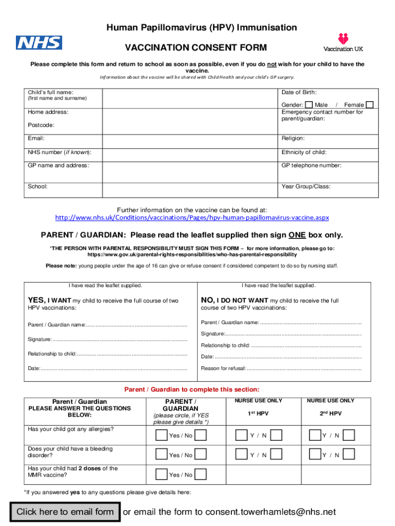 Fillable Online HPV Vaccination Consent Form - ghc.nhs.uk Fax Email ...