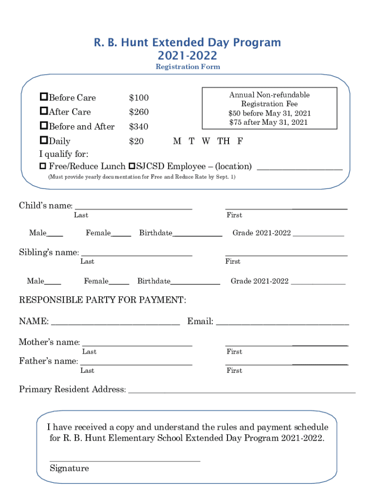 Fillable Online www-rbh stjohns k12 fl R. B. Hunt Extended Day Program 2021-2022 Fax Email Print ...