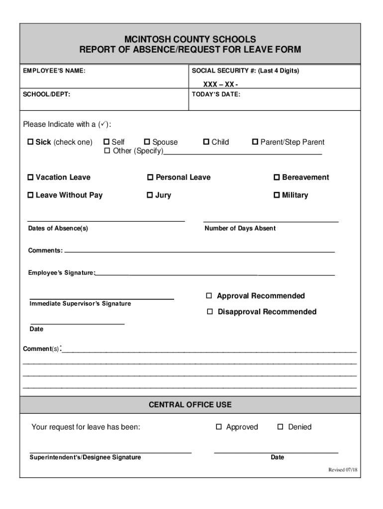 Fillable Online REPORT OF ABSENCE/REQUEST FOR LEAVE FORM Fax Email ...