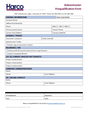 Fillable Online Subcontractor Prequal Form - harcoinc.us Fax Email ...