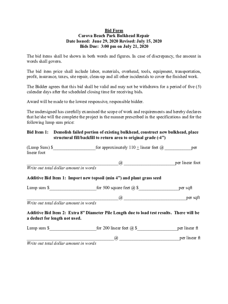 Fillable Online co currituck nc Carova Beach Park Bulkhead Repair Bid ...