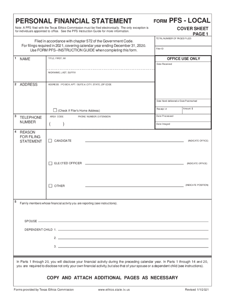 Fillable Online PERSONAL FINANCIAL STATEMENT FORM PFS COVER SHEET PAGE ...
