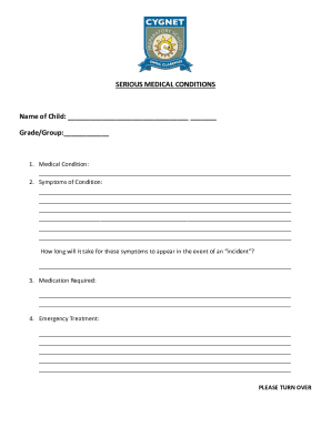 Fillable Online SERIOUS MEDICAL CONDITIONS Name of Child: Grade/Group ...