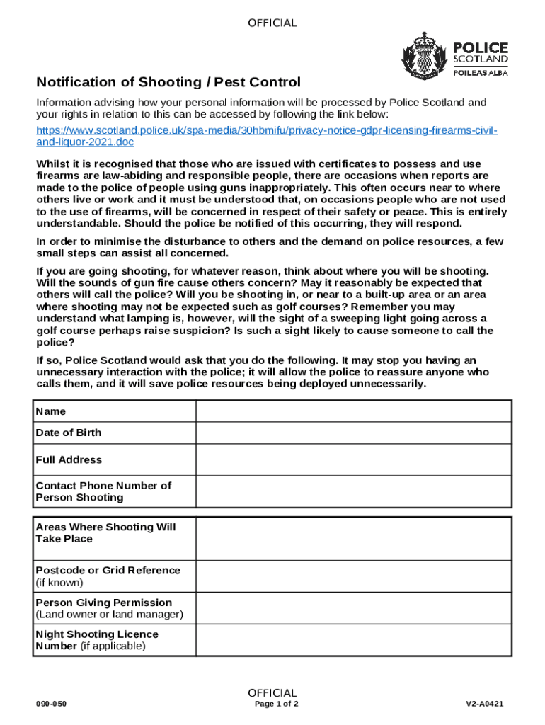 Notification of Authorised Shoot - Pest Control Doc Template | pdfFiller