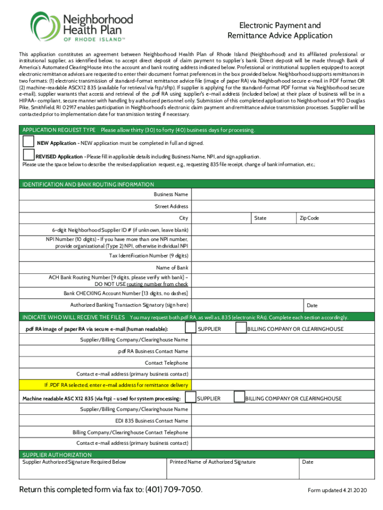 Fillable Online Electronic Payment and Remittance Advice Application ...