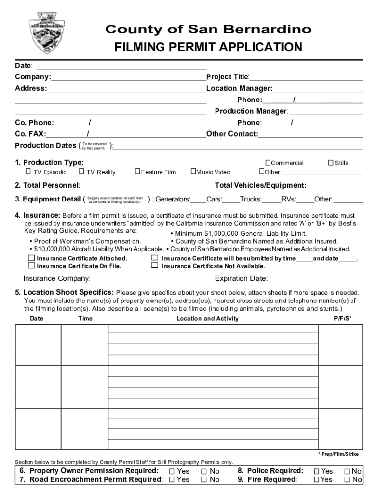 Fillable Online San Bernardino County Film Permits Form - Fill and Sign ...