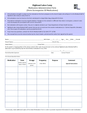 Fillable Online Highland Lakes Camp Medication Administration Form ...