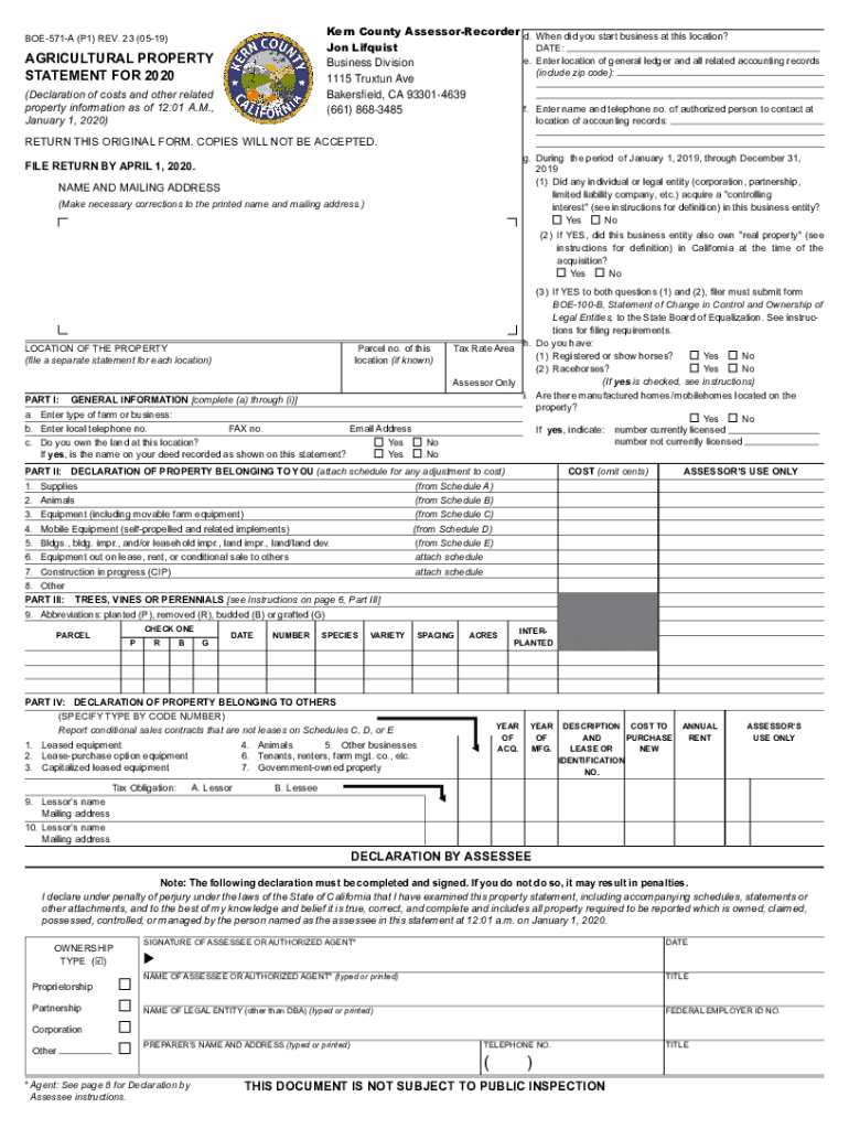 Fillable Online Agricultural Property Statement for 2019 - Kern County ...