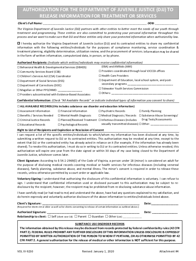 Fillable Online AUTHORIZATION FOR the department of juvenile justice ...