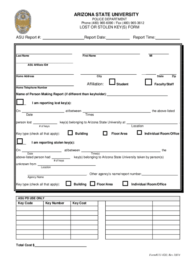 Fillable Online semte engineering asu LOST OR STOLEN KEY (S) FORM - Arizona State University Fax ...