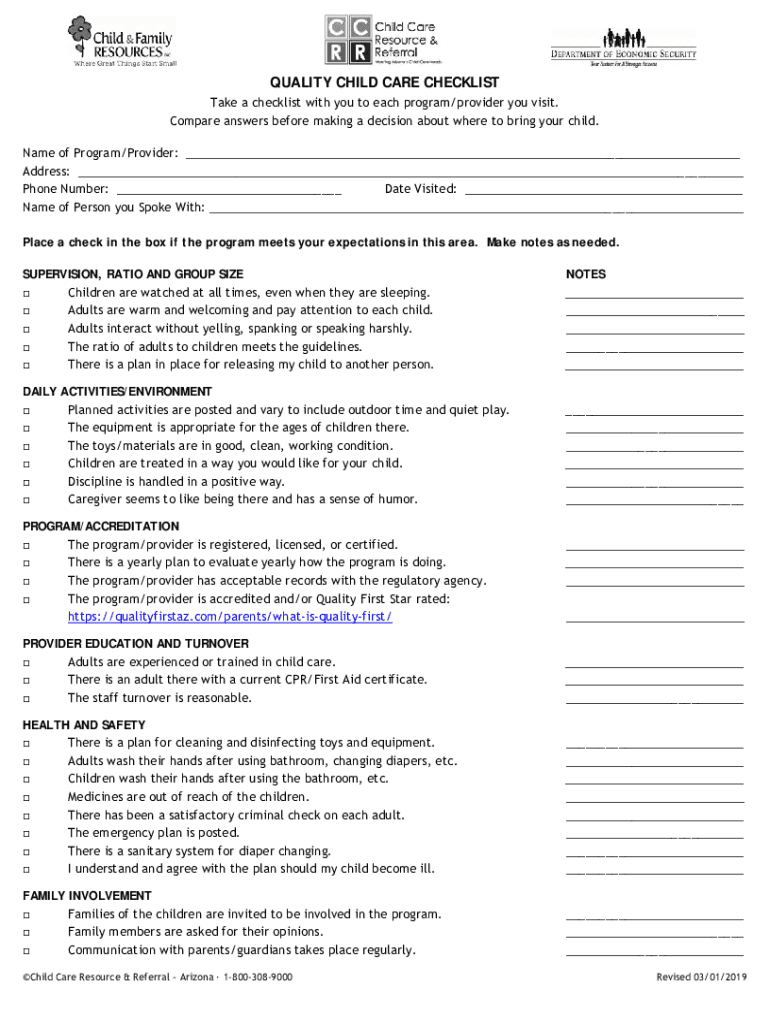 Fillable Online Quality Child Care Checklist - Quality First Fax Email ...