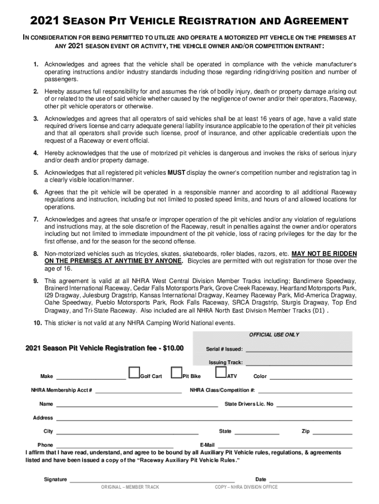 Fillable Online 2021 Season Pit Vehicle Registration and Agreement Fax ...