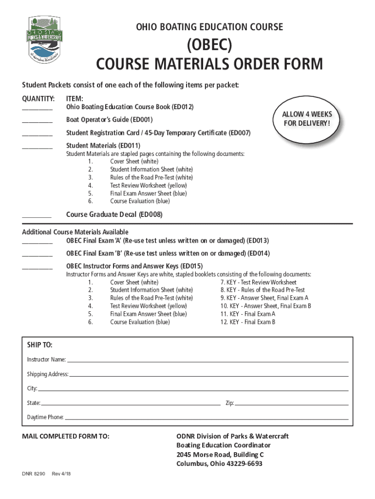 Fillable Online Fillable Online ODNR Watercraft OBEC Materials Order ...