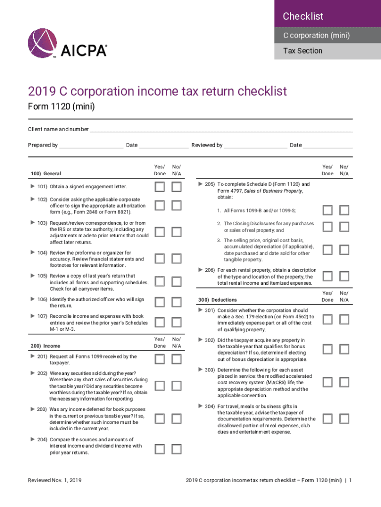 Fillable Online 2019 C Corporation Income Tax Return Checklist (Mini ...