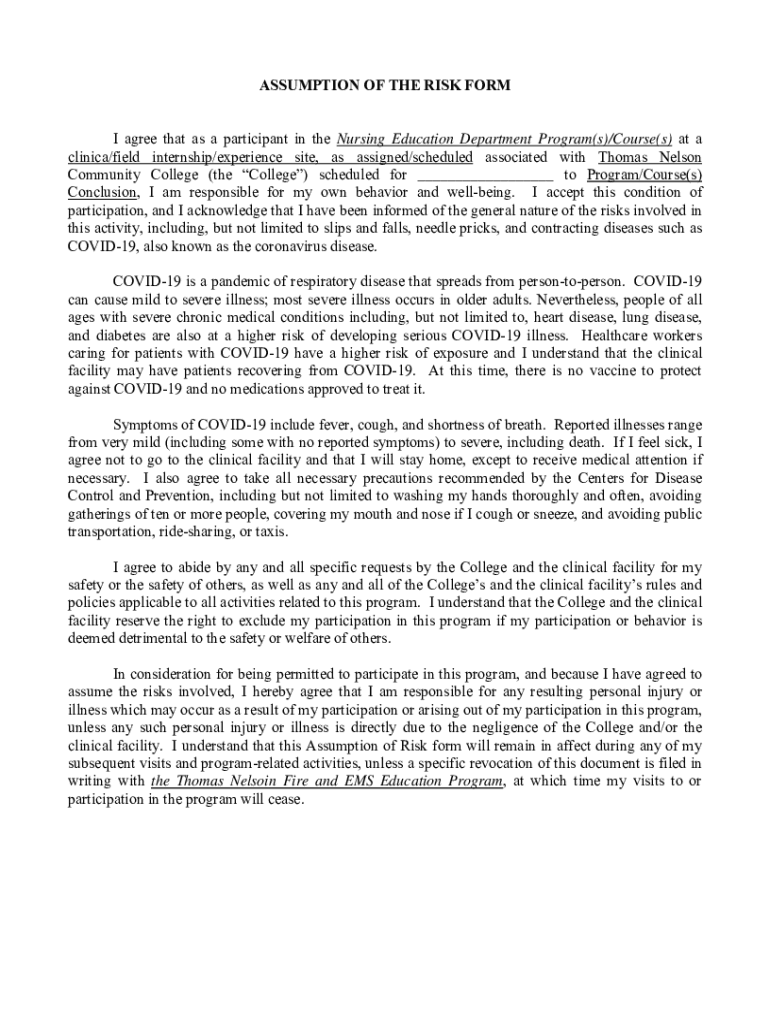 Fillable Online ASSUMPTION OF THE RISK FORM - TNCC Fax Email Print ...