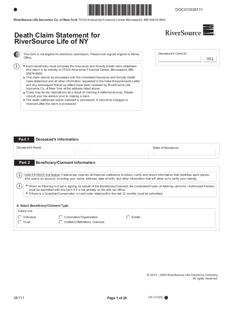 Fillable Online Death Claim Statement for RiverSource Life of NY ...