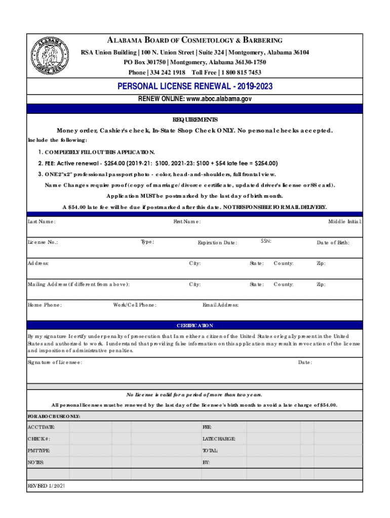 Fillable Online aboc alabama Personal License Renewal 2019-2023 ...