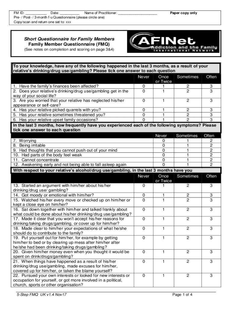 Fillable Online Short Questionnaire for Family Members Family Member ...