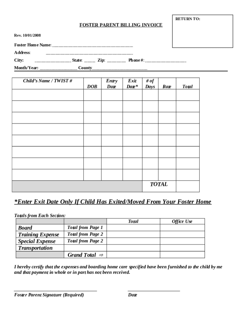 Foster Parent Invoice RETURN TO FOSTER PARENT BILLING Manuals 
