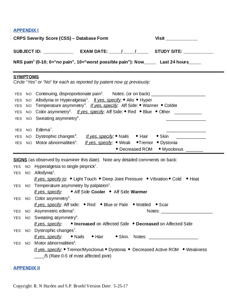 CRPS Severity Score CSS Database Visit Doc Template PdfFiller CRPS Severity Score CSS Database Visit Doc Template PdfFiller