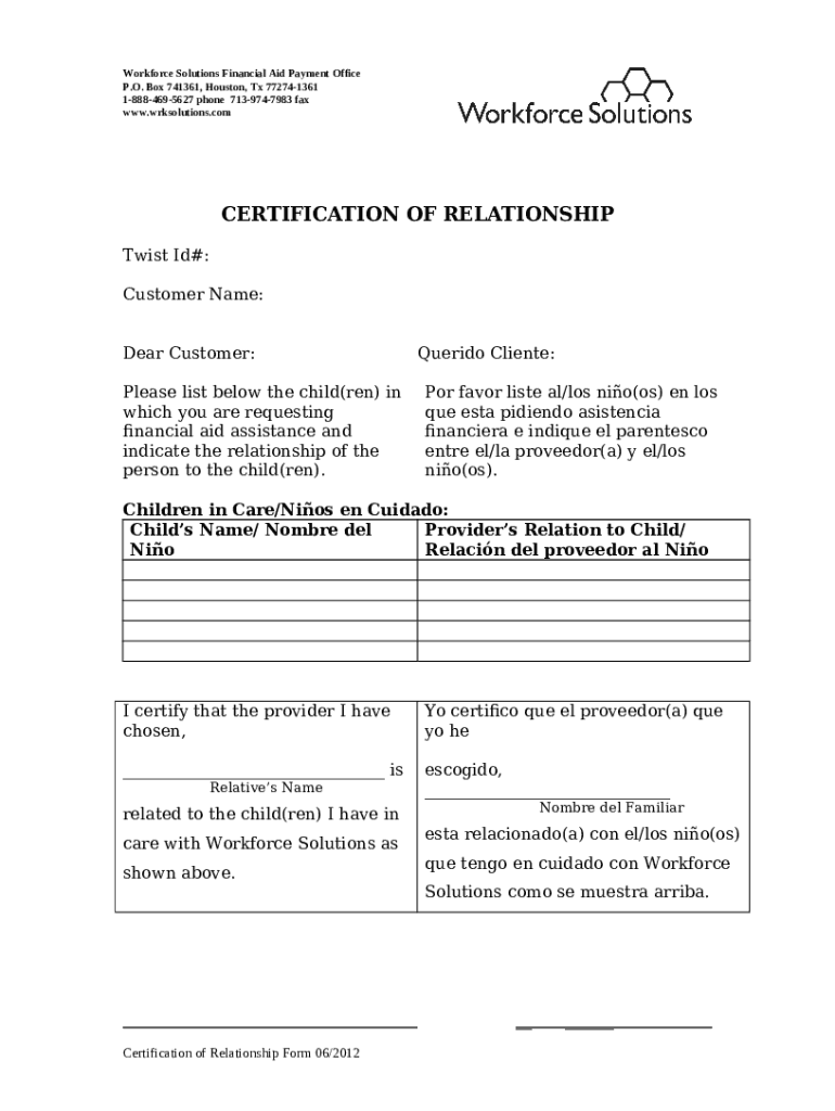 CERTICATION OF RELATIONSHIP - Wrksolutions.com Doc Template | pdfFiller