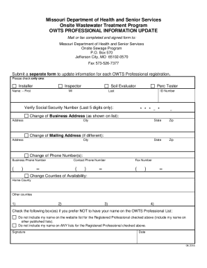 Fillable Online health mo OWTS PROFESSIONAL INFORMATION UPDATE Fax ...