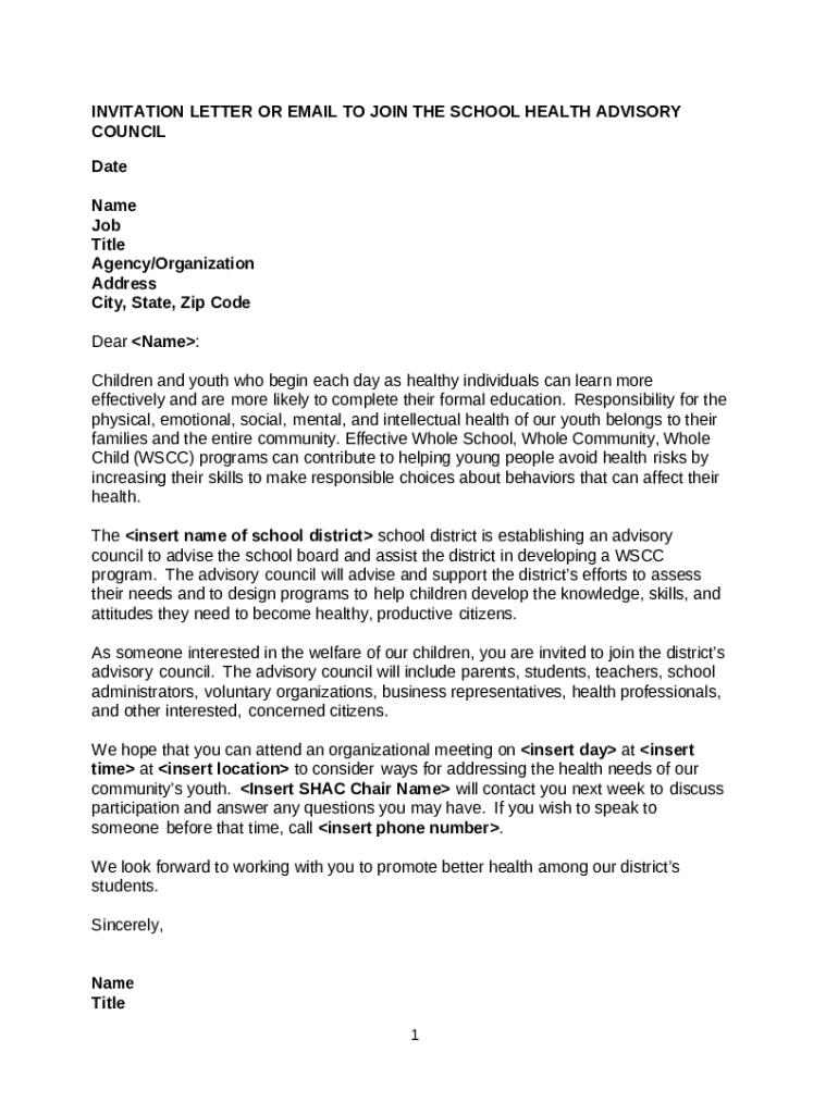 INVITATION LETTER OR EMAIL TO JOIN THE SCHOOL HEALTH ADVISORY COUNCIL ...