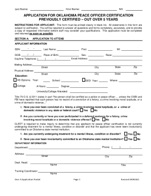 Fillable Online Application for Oklahoma Peace Officer Certification ...
