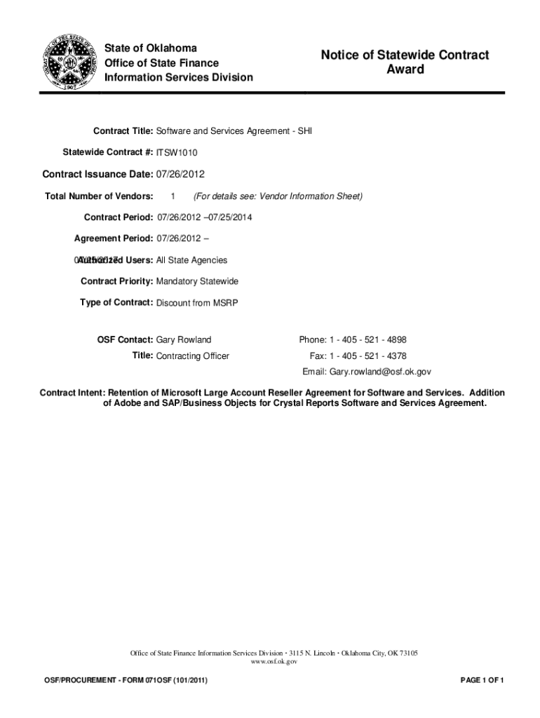 Fillable Online Fillable Online ok Notice of Statewide Contract Award ... Fax Email Print ...