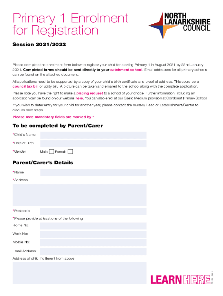Fillable Online Primary 1 Enrolment for Registration Form Fax Email ...