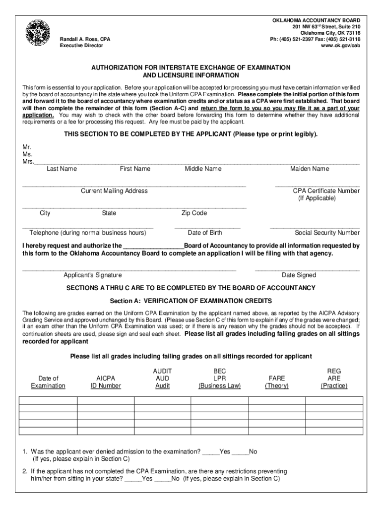 Fillable Online AUTHORIZATION FOR INTERSTATE EXCHANGE OF EXAMINATION Fax Email Print - pdfFiller