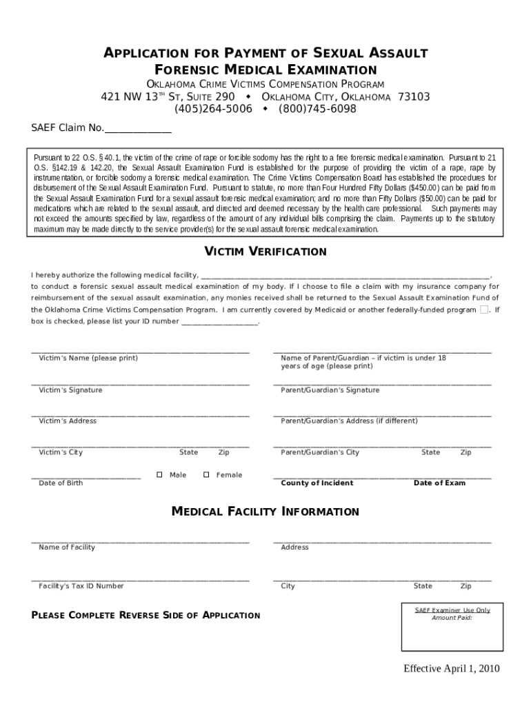 OFFICIAL APPLICATION FOR PAYMENT OF SEXUAL ASSAULT EXAMINATION Doc ...