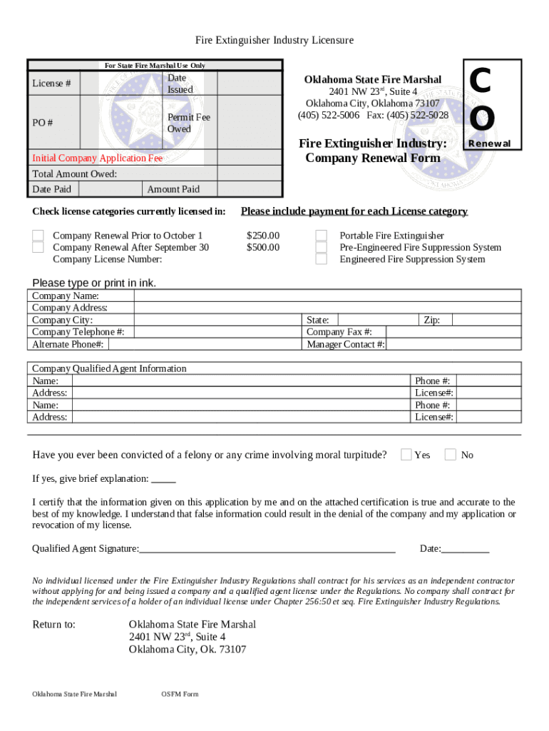 Fire Extinguisher Industry: Company Renewal CO Doc Template | pdfFiller