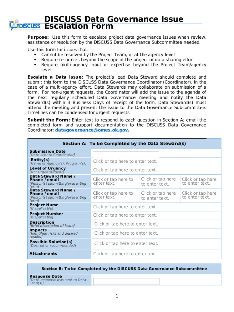 Data Governance Issue Escalation . to be used to escalate a data issue ...