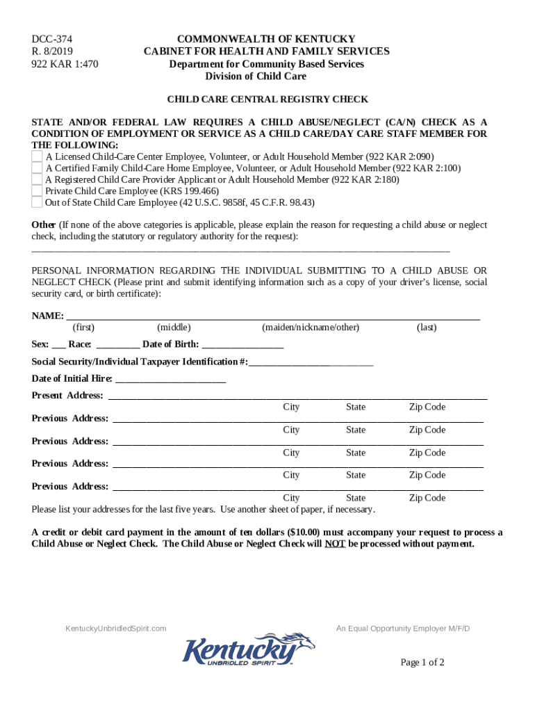 DCC-374 Child Care Central Registry Check - manuals sp chfs ky Doc ...