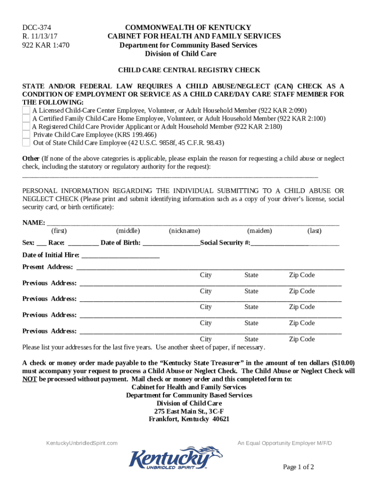 DCC374ChildCareCentralRegistryCheck - Kentucky - chfs ky Doc Template ...