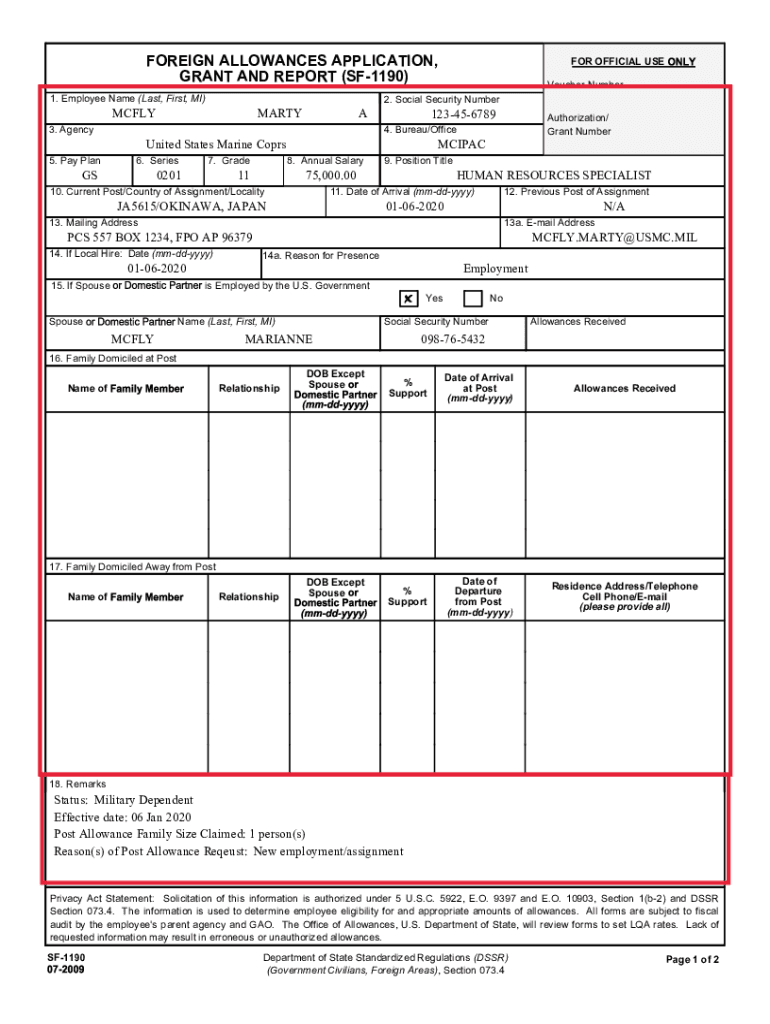 Fillable Online Example of SF-1190 (Post Allowance Initiation Only).pdf ...