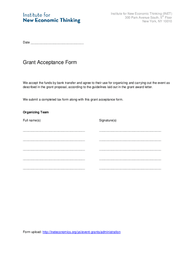 Fillable Online Grant Acceptance Form - Institute for New Economic ...