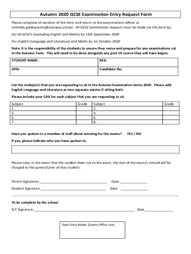 Fillable Online Autumn 2020 GCSE Examination Entry Request Form Fax ...