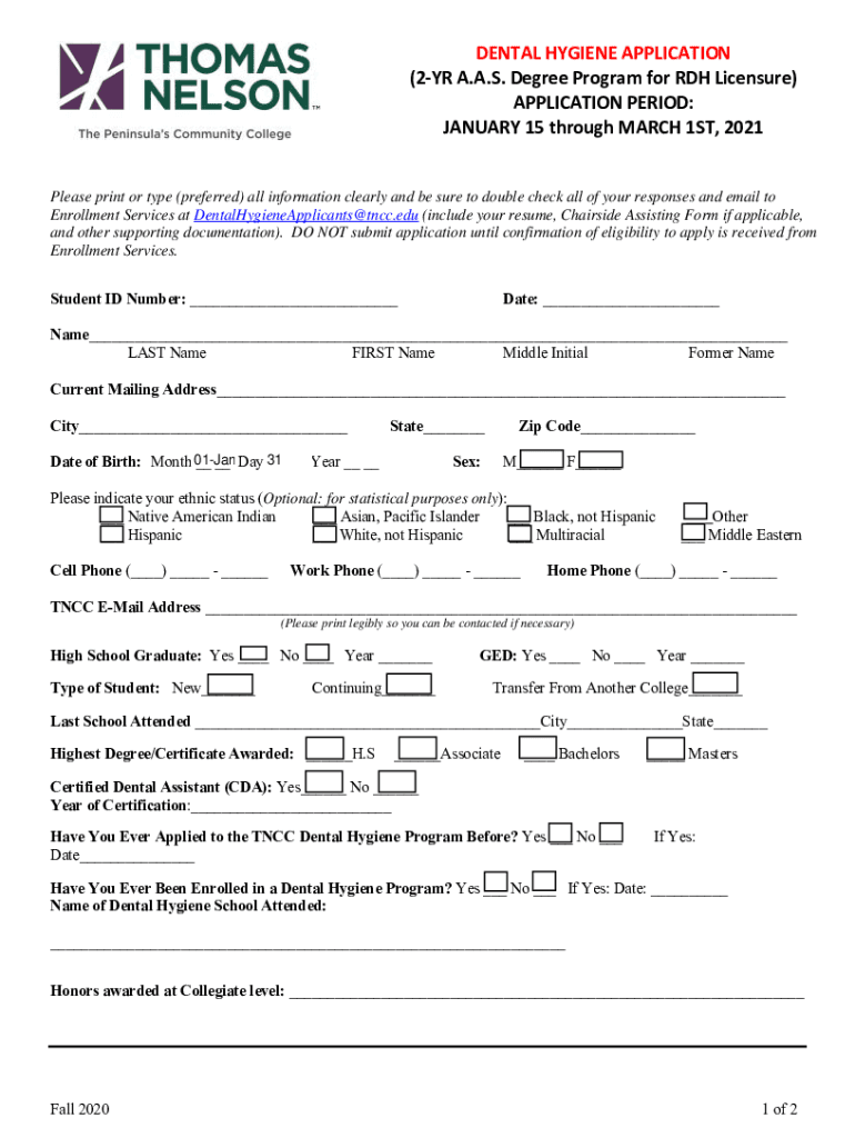 Fillable Online DENTAL HYGIENE APPLICATION - Thomas Nelson Community ...