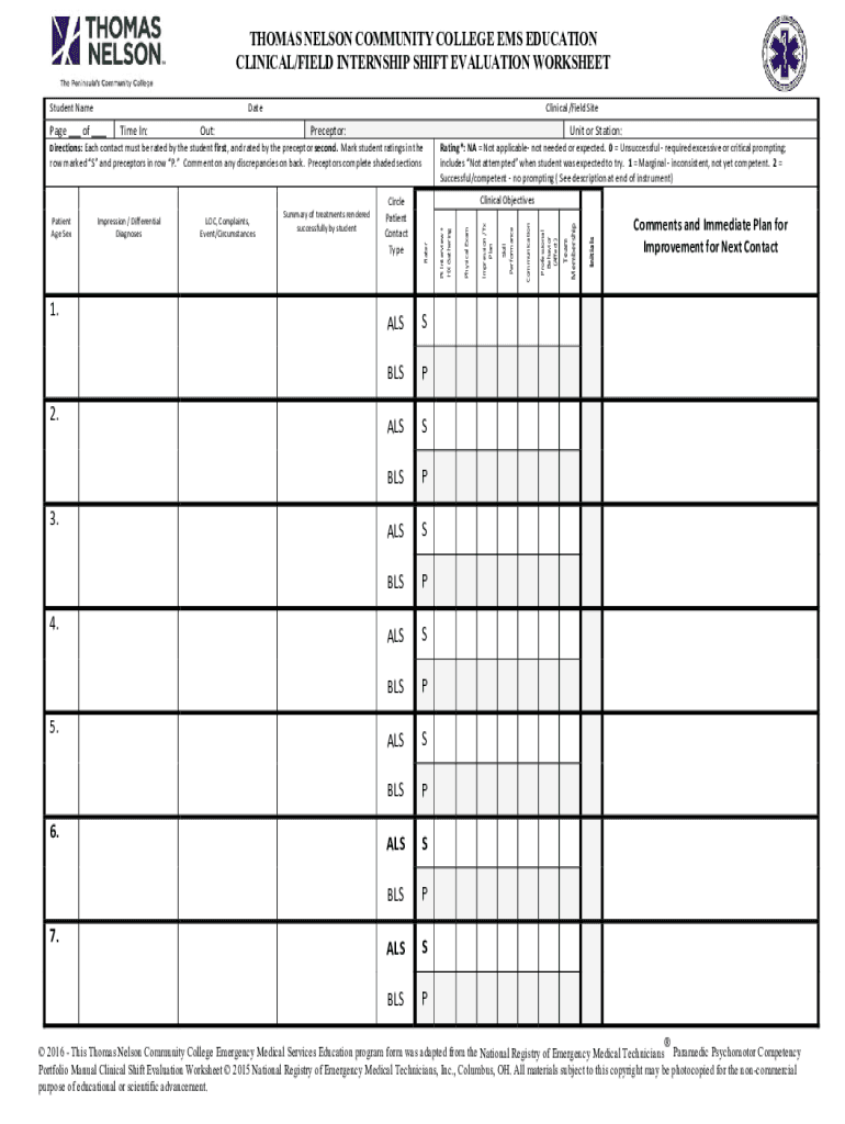 Fillable Online Thomas Nelson Clinical and Field Competency Tracking ...