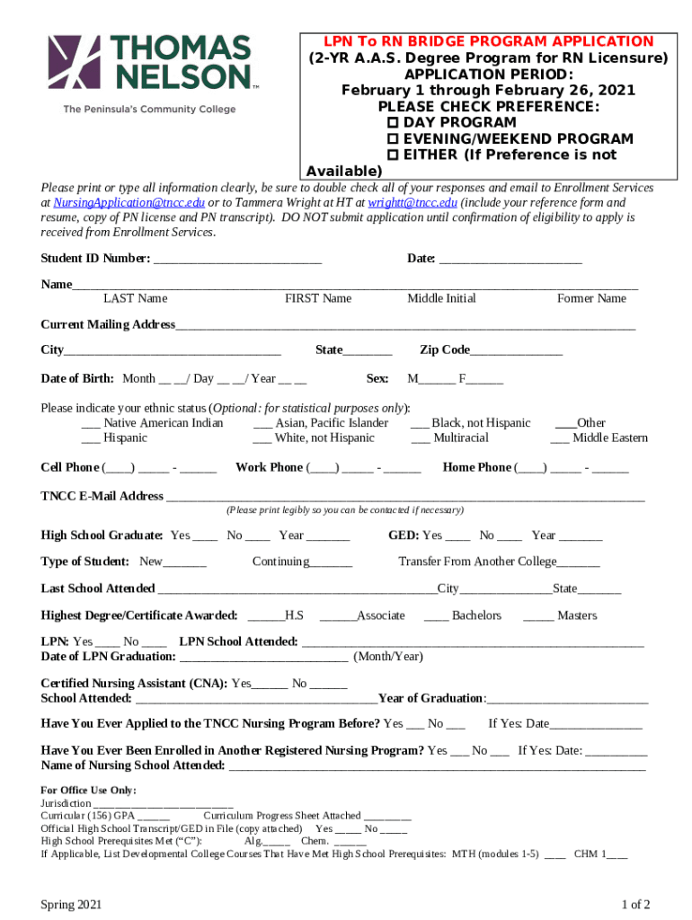 LPN To RN BRIDGE PROGRAM APPLICATION Doc Template | pdfFiller