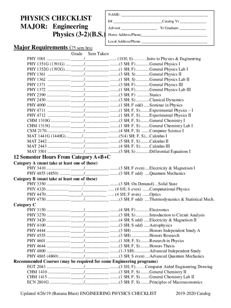 Fillable Online PHYSICS CHECKLIST MAJOR: Physics (B.S.): Astronomy ...