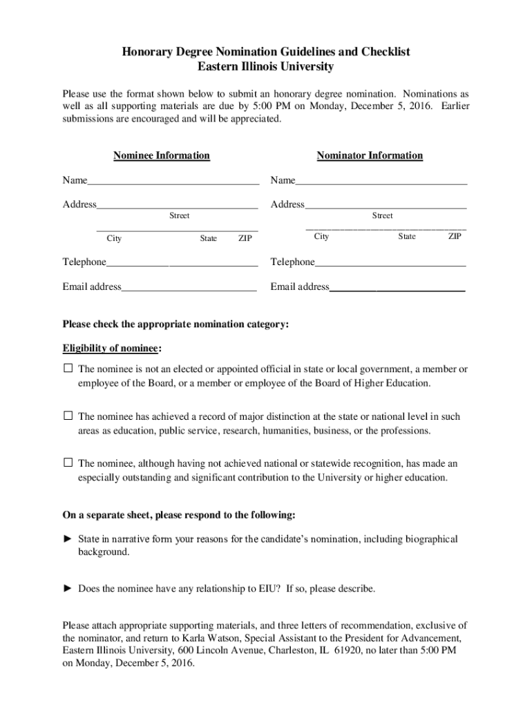 Fillable Online Honorary Degree Nomination Guidelines and Checklist ...